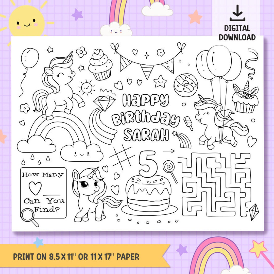 Unicorn Party Coloring Page Placemat, PRINTABLE Custom Personalized ...