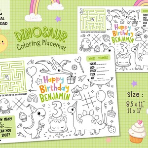 Dinosaur Party Coloring Page Placemat, PRINTABLE Custom Personalized ...