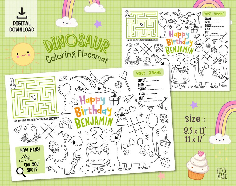 Dinosaur Party Coloring Page Placemat, PRINTABLE Custom Personalized ...