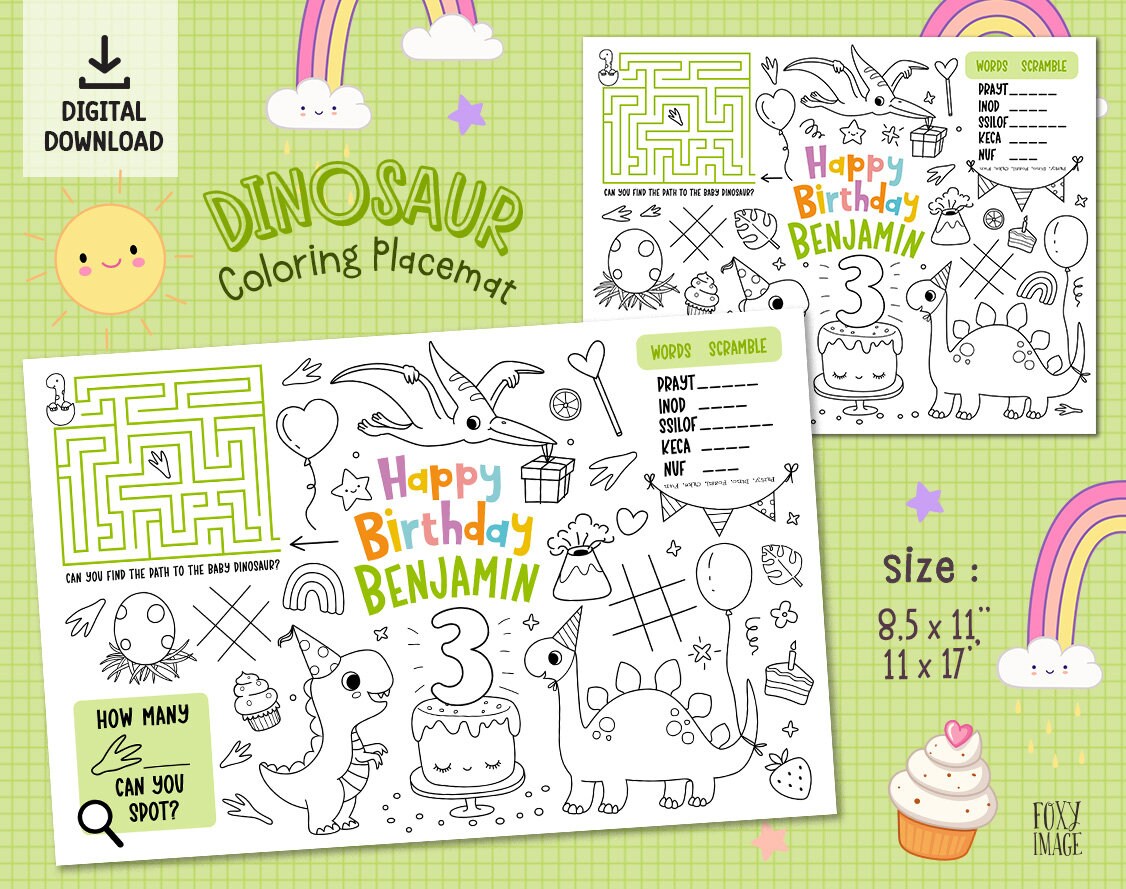 Dinosaur Party Coloring Page Placemat, PRINTABLE Custom Personalized ...