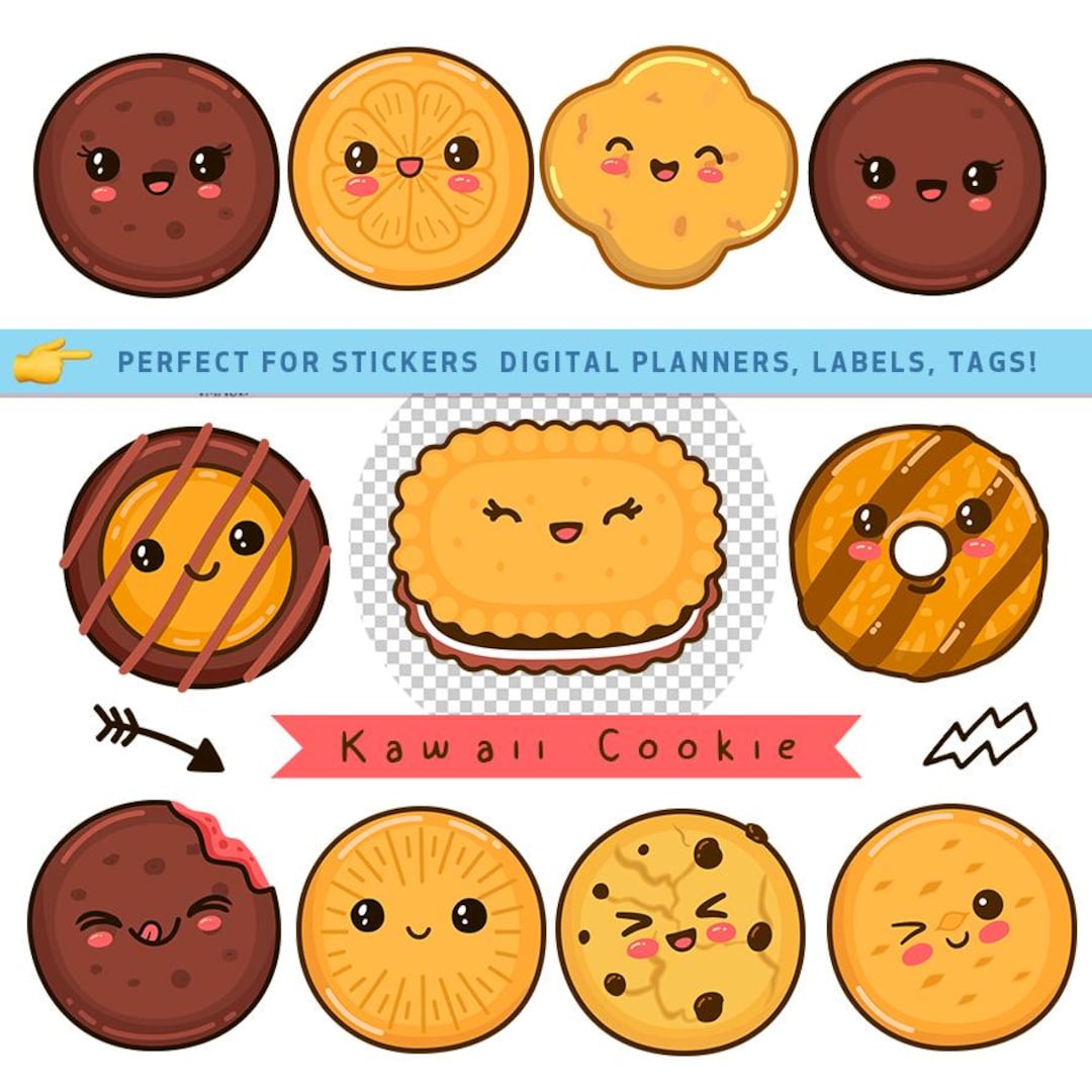 Kawaii Cookie Sticker Clipart | Cute Cookie Face PNG | Digital Stickers ...