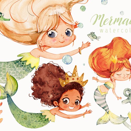 Mermaid Watercolor Clipart Cute Mermaids PNG Undersea - Etsy