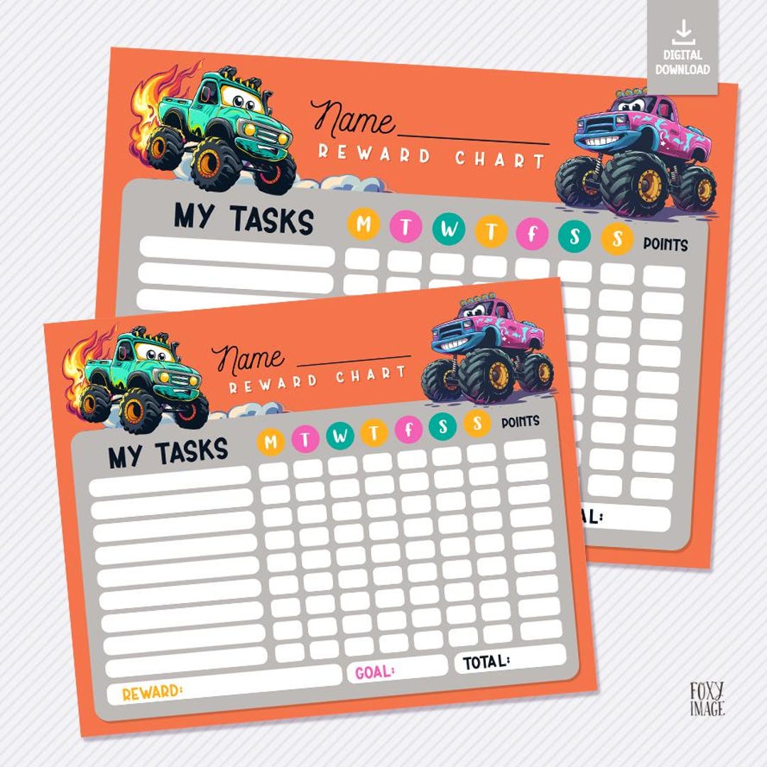 Monster Truck Reward Chart for Kids - Printable Behavior Chart for ...