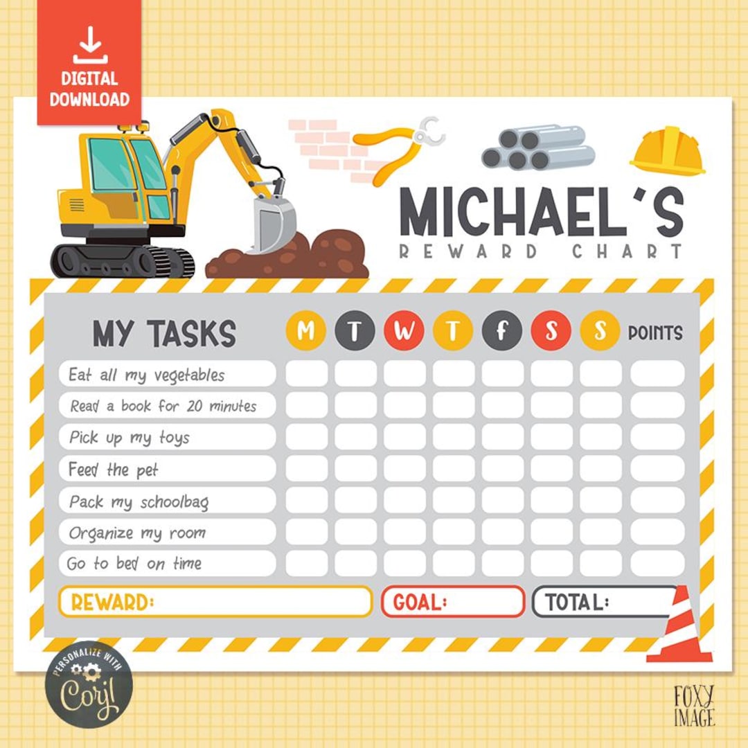 Printable Building Machines Reward Chart, Personalized Excavator ...