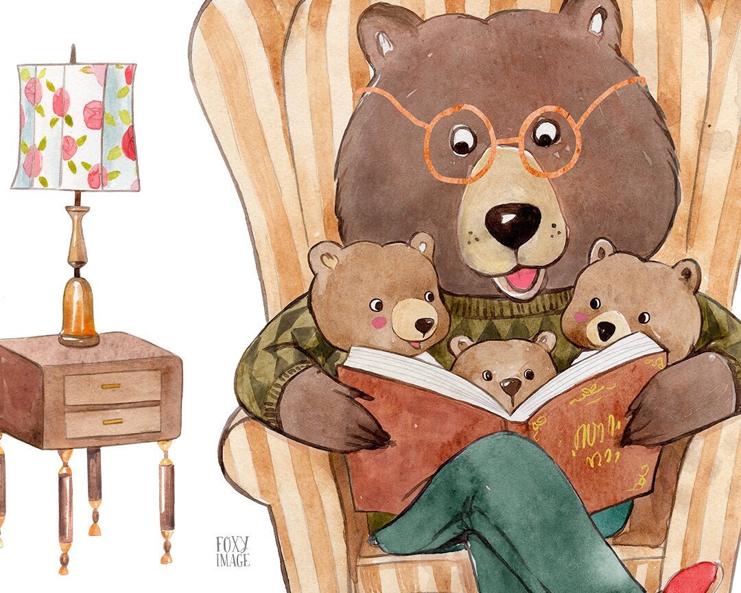 Watercolour PNG Daddy Bear Grandpa and Kids Reading Book - Etsy