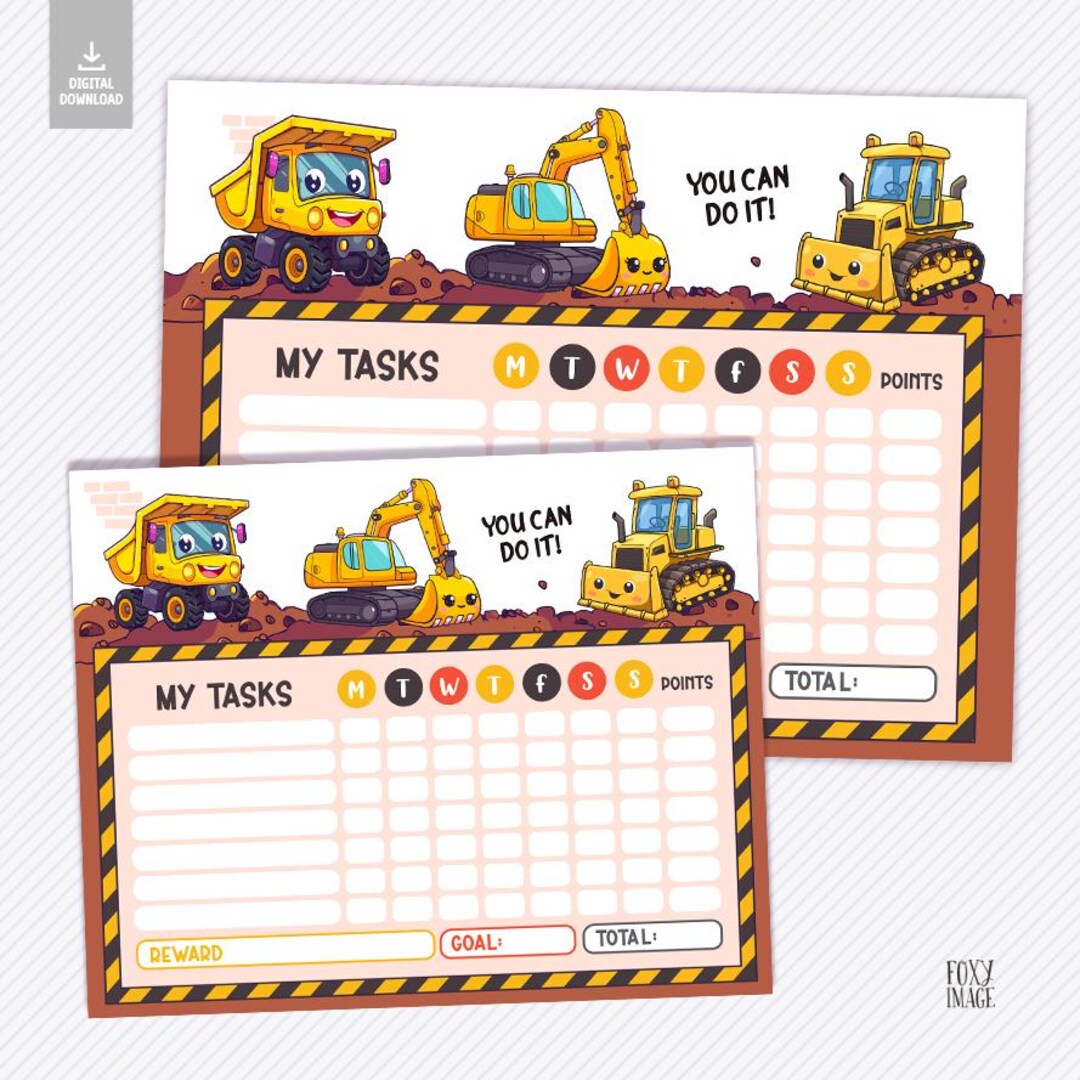 Printable Construction Chore Chart – Daily Task Tracker for Children ...