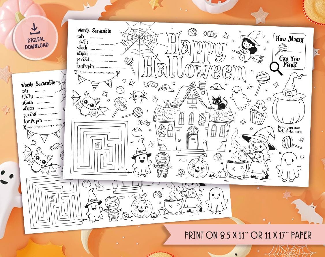 Halloween Activity Coloring Mat | Printable Kids Game Placemat | Spooky ...