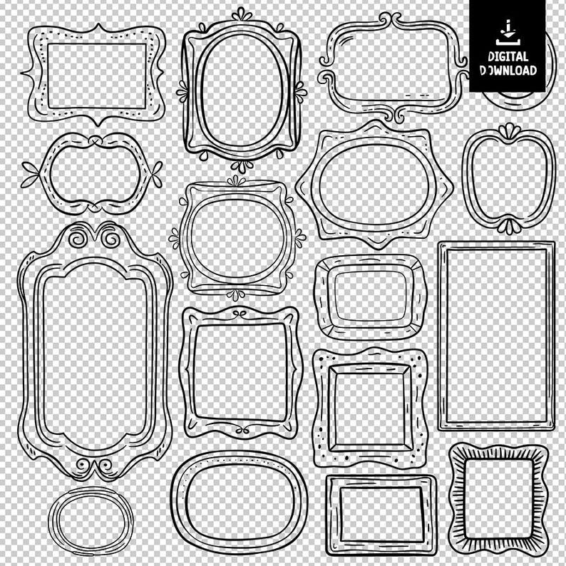 Frames Doodle Clipart, Line Frames SVG JPG, Black & White Border, Frame ...
