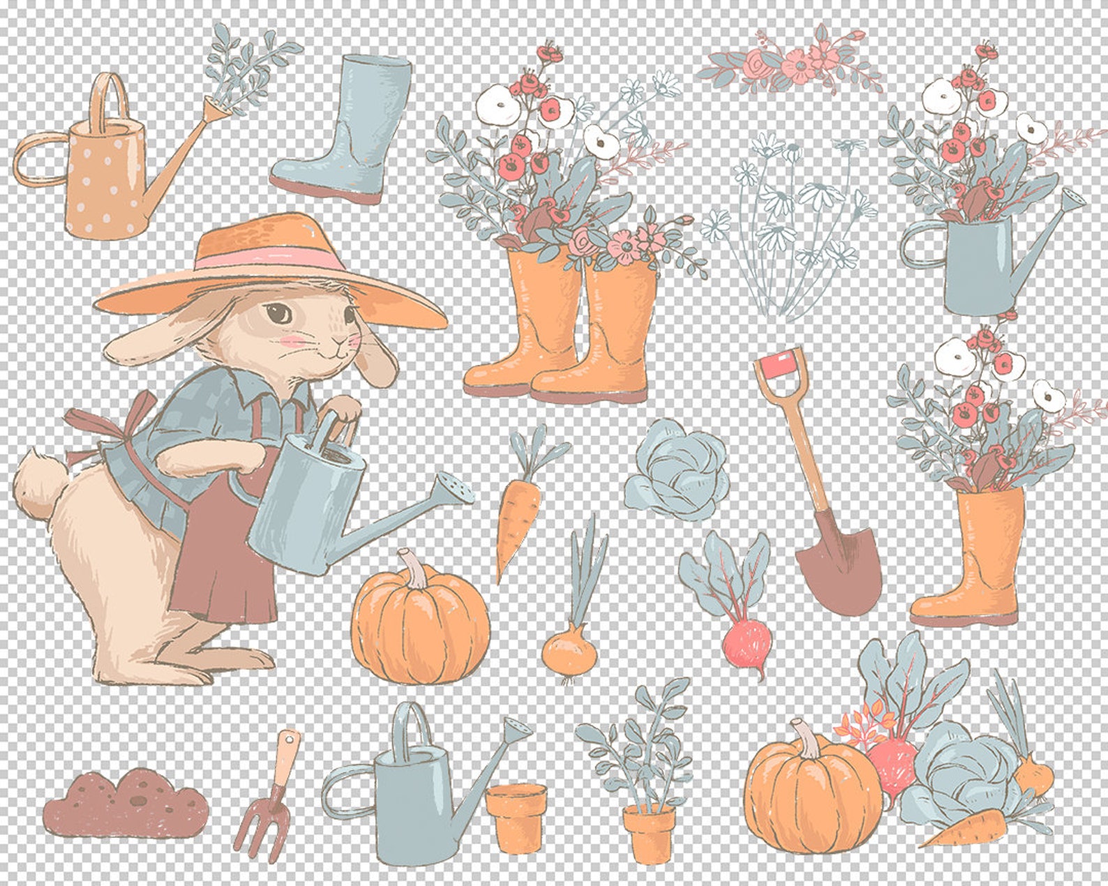 Bunny Gardener Clipart • Cute Rabbit in the Garden PNG • Spring Garden ...