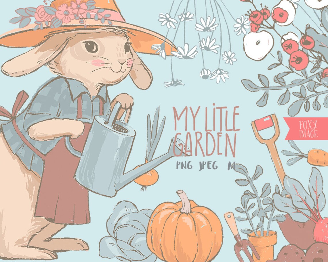 Bunny Garden Clipart PNG Rabbit Gardening PNG Clipart Farm | Etsy