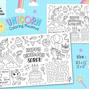 Editable Unicorn Party Coloring Page Placemat, PRINTABLE Custom ...