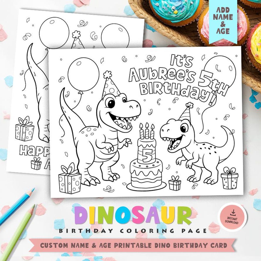 Personalized Dinosaur Birthday Coloring Page | Custom Name & Age ...