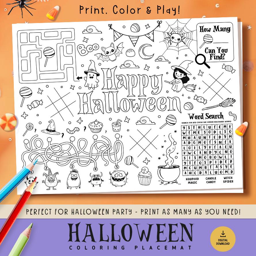 Halloween Coloring Placemat for Kids: Spooky Activity Sheet (PDF & JPEG ...