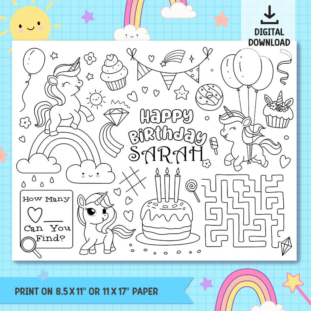 Editable Unicorn Party Coloring Page Placemat, PRINTABLE Custom ...