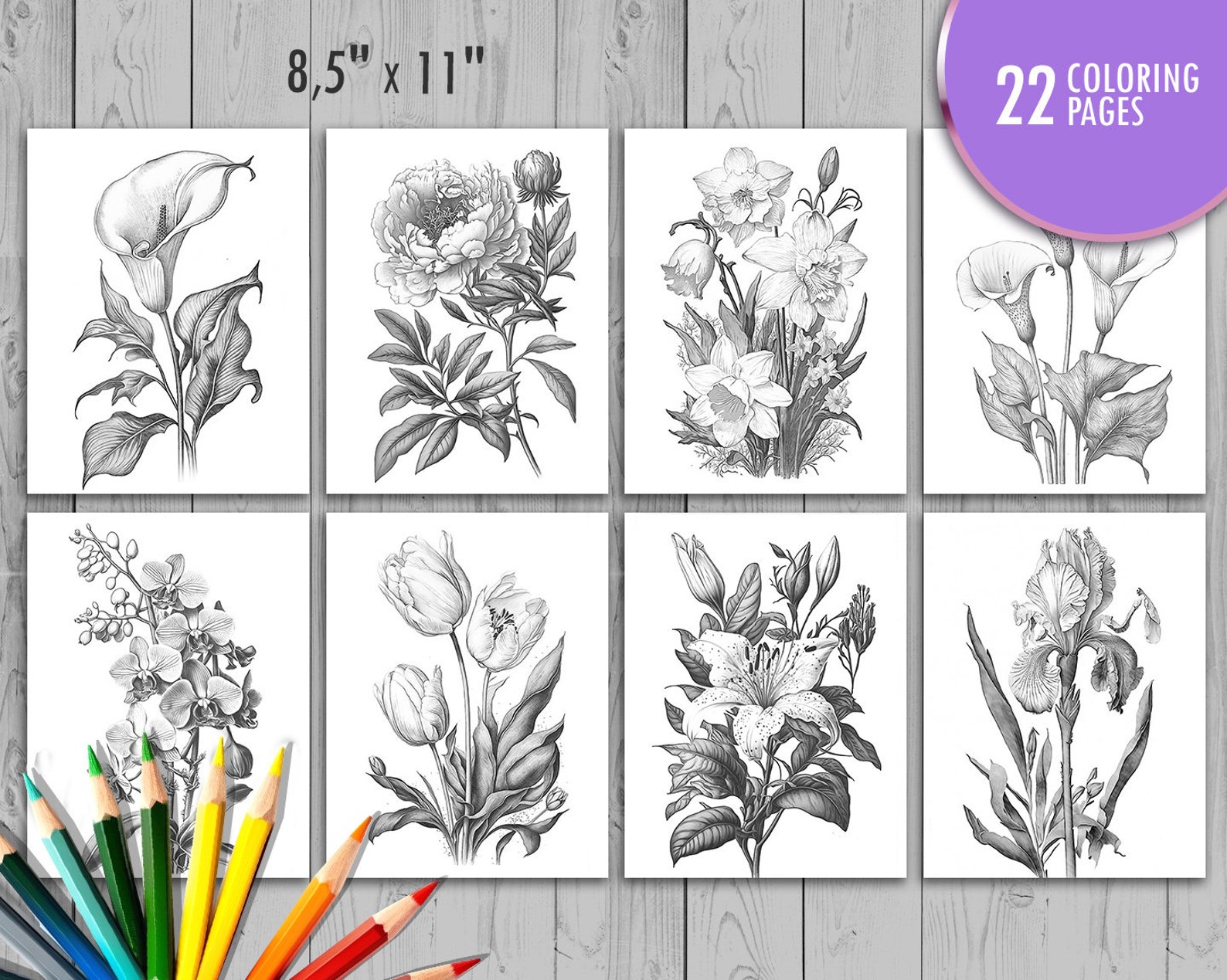 22 Flower Coloring Pags, Flower Collection Coloring Page, Adults Kids ...