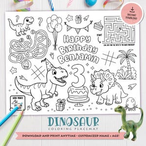 Personalized Dinosaur Coloring Placemat | Custom Birthday Activity for ...