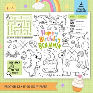 Dinosaur Party Coloring Page Placemat, PRINTABLE Custom Personalized ...