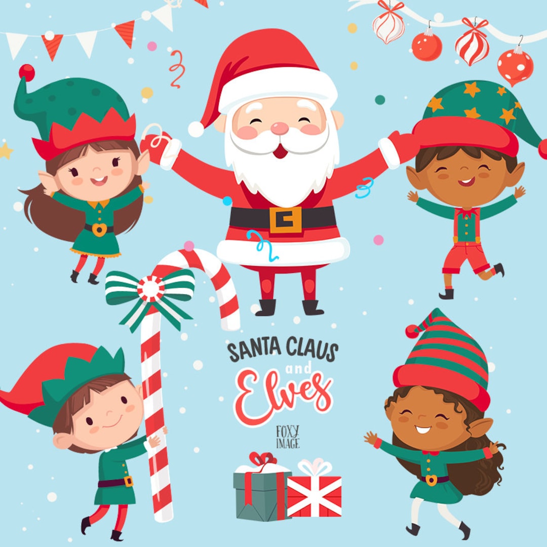 Happy Elves & Santa PNG, Festive Christmas Clipart Bundle, Holiday ...