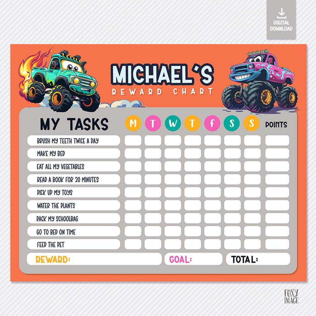 Monster Truck Reward Chart for Kids - Printable Personalized Behavior ...