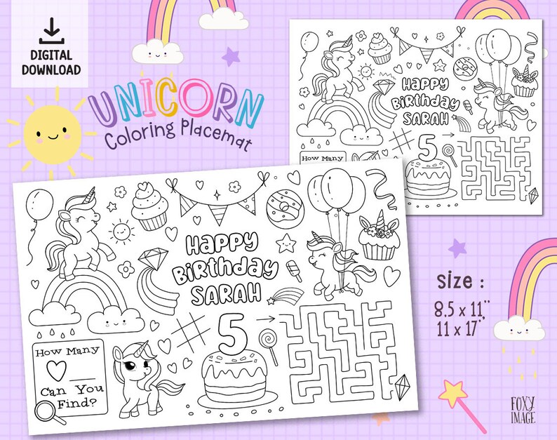 Unicorn Party Coloring Page Placemat, PRINTABLE Custom Personalized ...