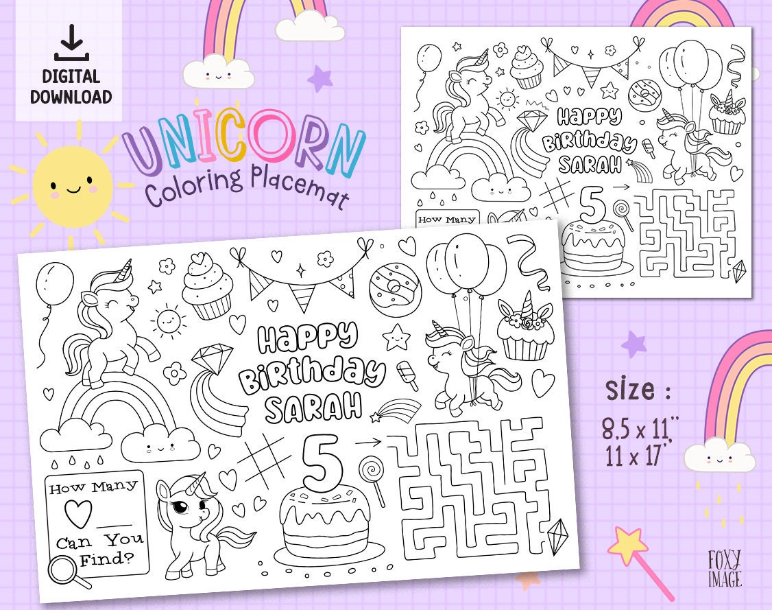 Unicorn Party Coloring Page Placemat, PRINTABLE Custom Personalized ...