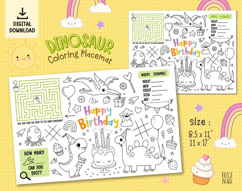 Dinosaur Party Coloring Page Placemat, PRINTABLE Dinosaur Activity Page for Birthday Party, Dino ...