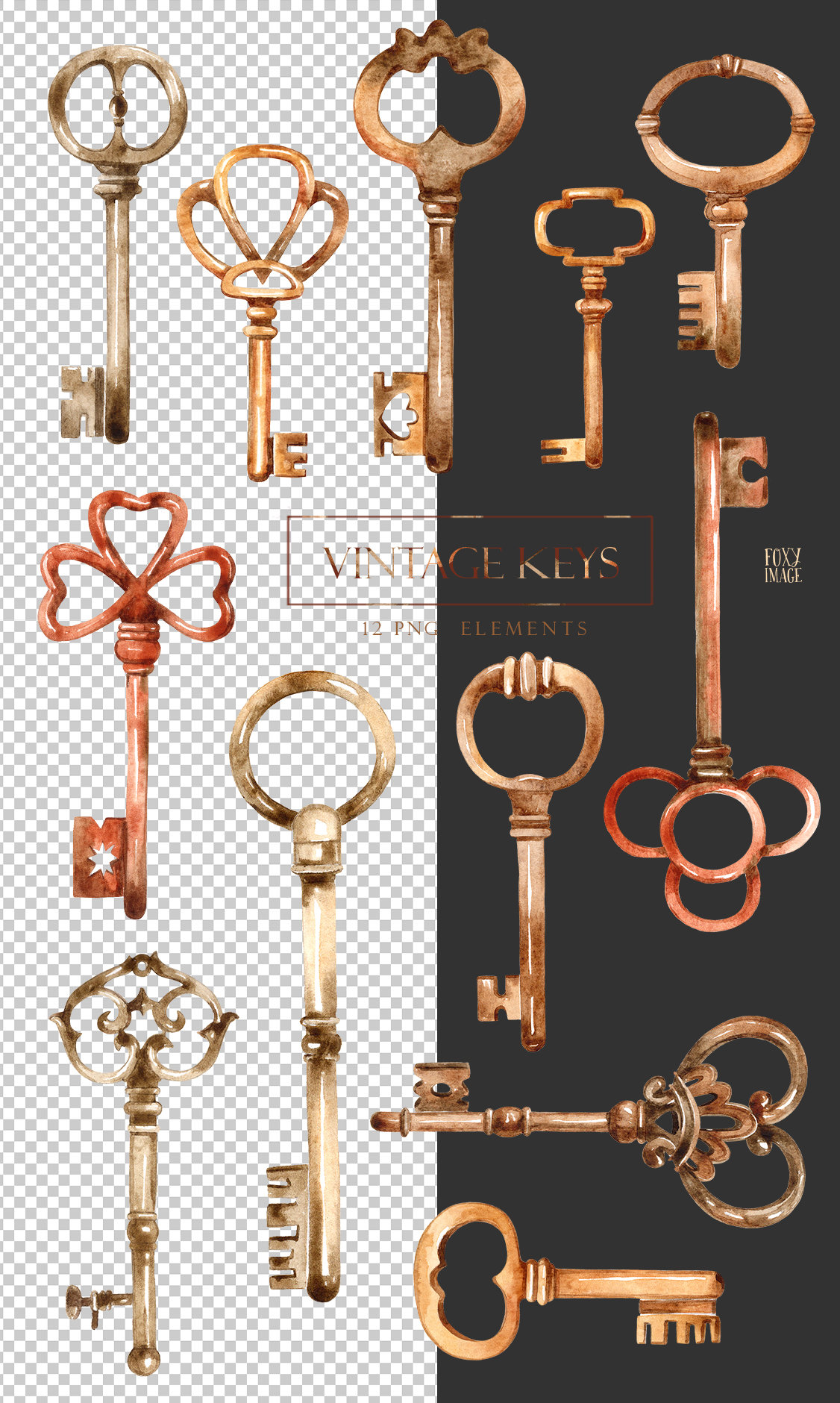 Vintage Keys, Watercolour PNG Key, Old Key PNG Clipart, PNG Key, Key ...