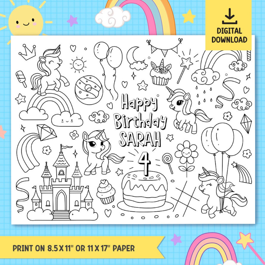 Unicorn Party Coloring Page Placemat, PRINTABLE Custom Personalized ...