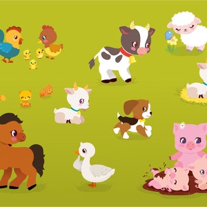 Cute Farm Animals, Clip Art Set, Barn, Cow, Horse, Pig, Rooster, Duck ...