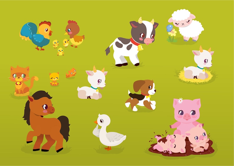 Cute Farm Animals Clip Art Set Barn Cow Horse Pig - Etsy