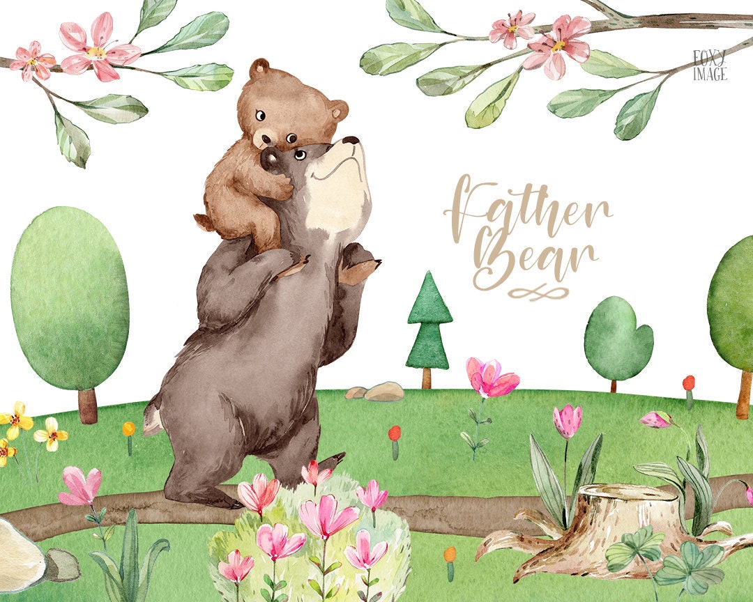 Watercolour PNG Daddy Bear, Father and Son, Animals Clipart, Little Boy ...