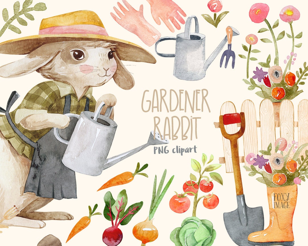 Watercolor Bunny Clipart: Gardening Rabbit PNG (digital Download) - Etsy