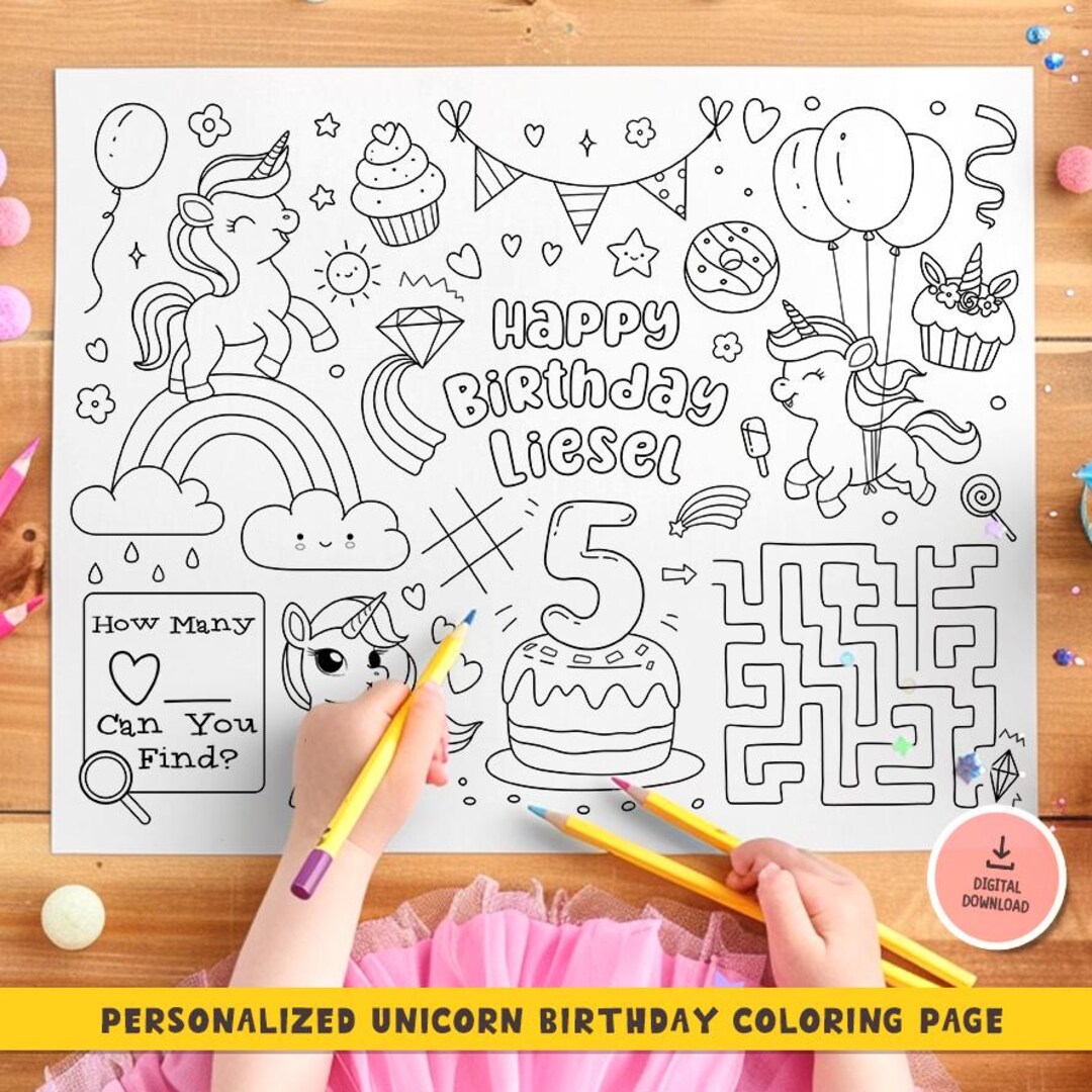 Personalized Unicorn Birthday Coloring Placemat • Custom Name and Age ...