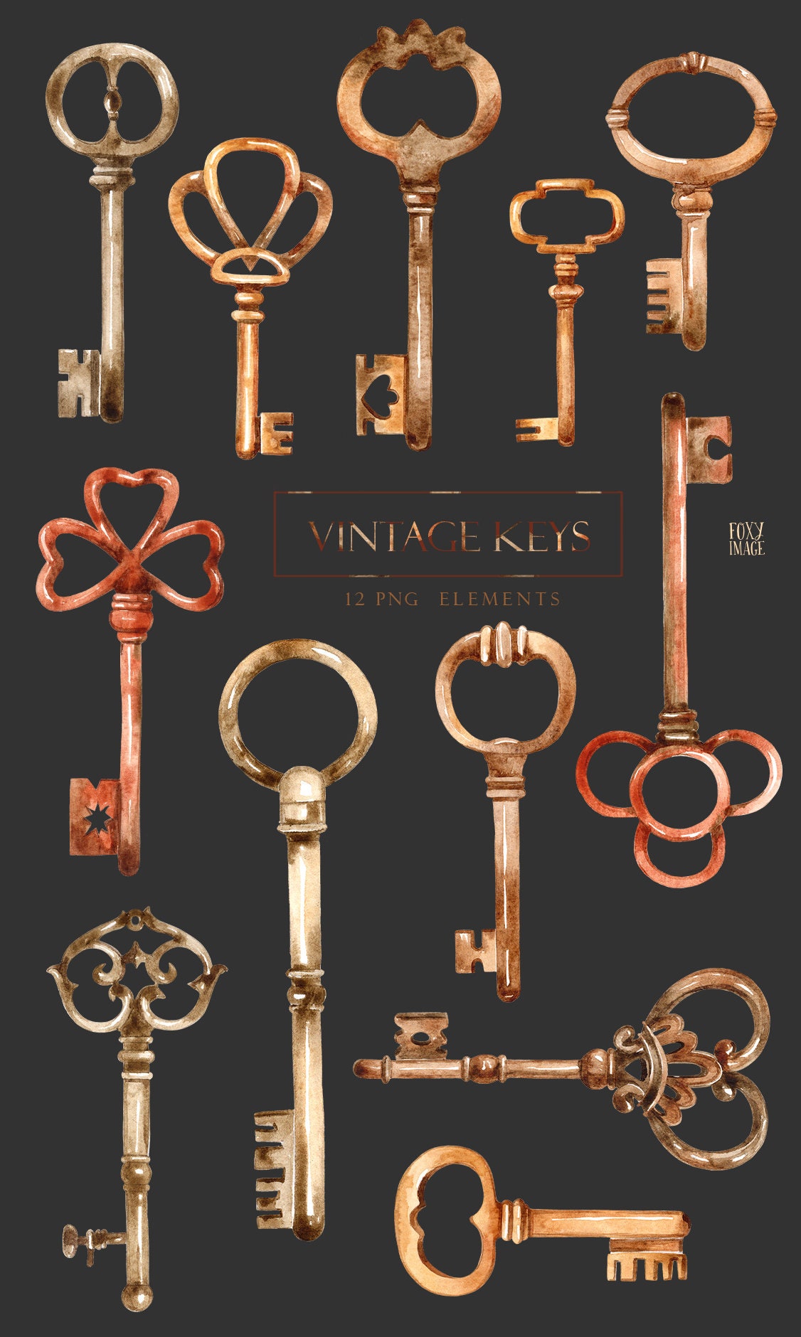 Vintage Keys, Watercolour PNG Key, Old Key PNG Clipart, PNG Key, Key ...