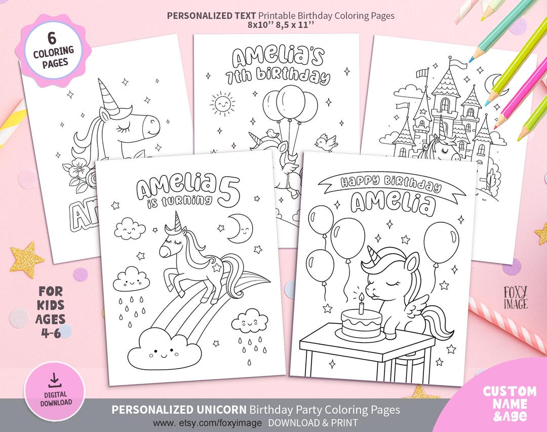 Personalized Unicorn Birthday Coloring Pages • Custom Name & Age ...