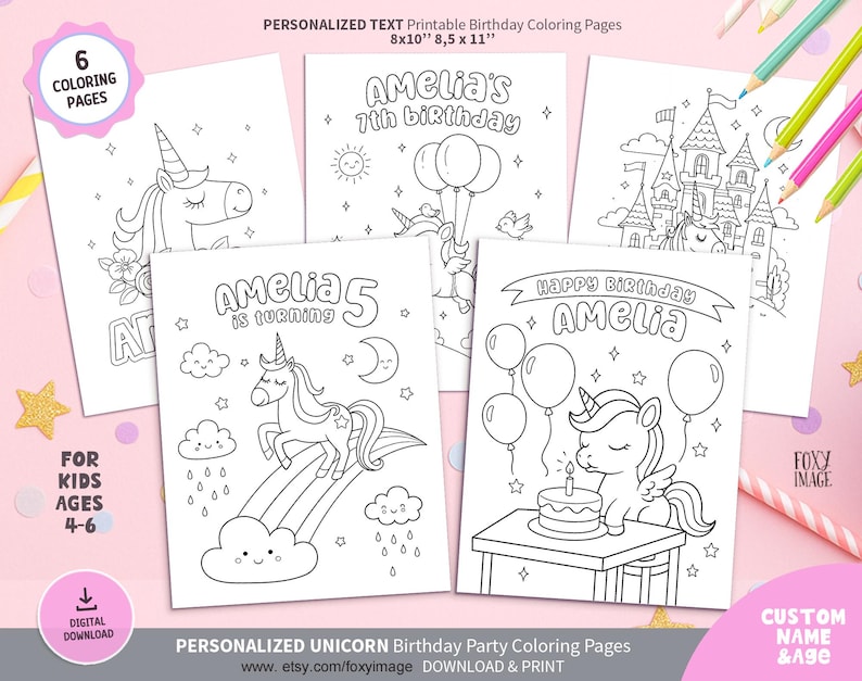 Personalized Unicorn Birthday Coloring Pages • Custom Name & Age ...
