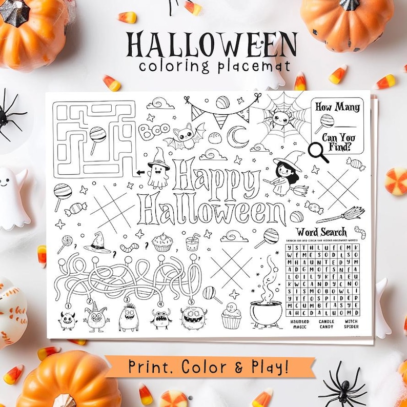 Halloween Coloring Placemat for Kids: Spooky Activity Sheet (PDF & JPEG ...
