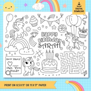 Editable Unicorn Party Coloring Page Placemat, PRINTABLE Custom ...