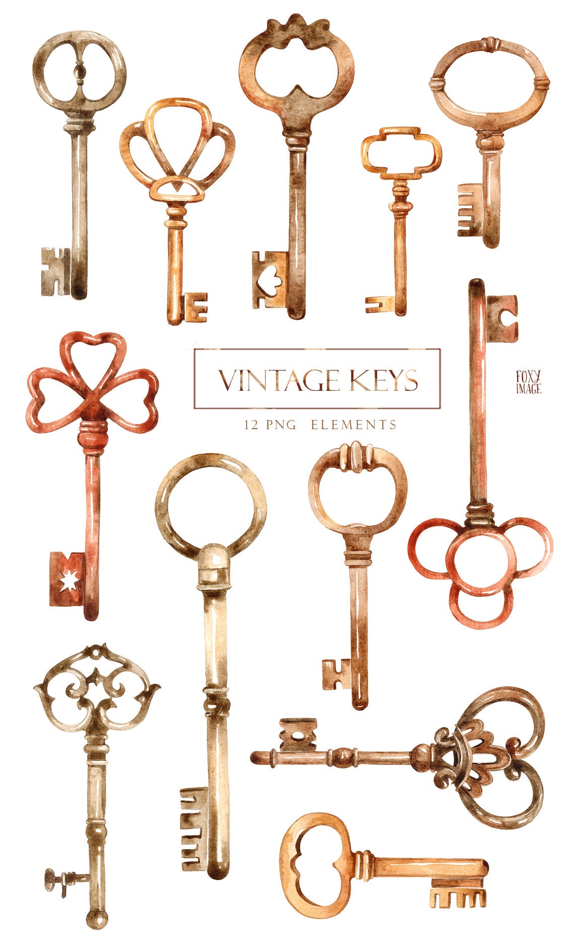 Vintage Keys, Watercolour PNG Key, Old Key PNG Clipart, PNG Key, Key ...
