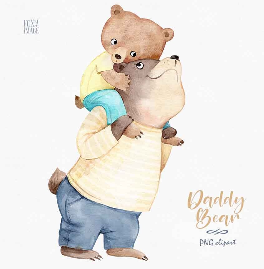 Watercolour PNG Daddy Bear, Dad and Baby Clipart, Animals Family ...