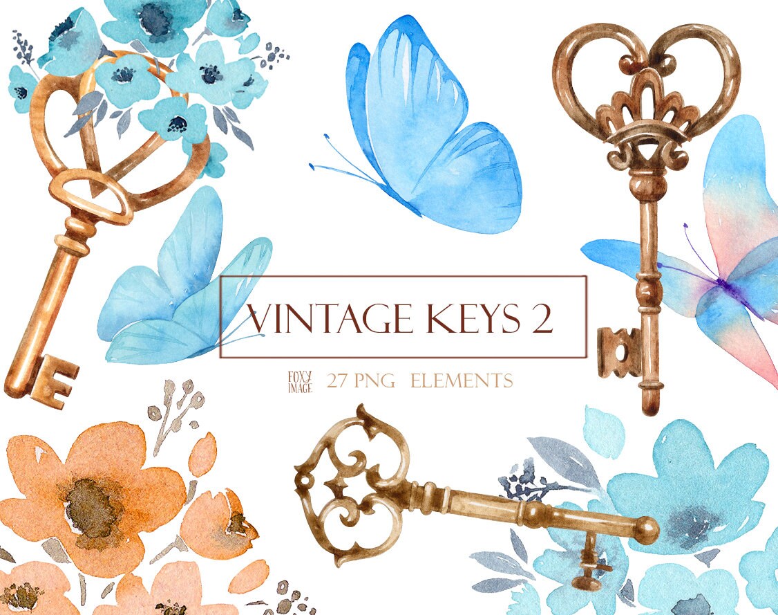 Vintage Keys, Watercolour PNG Blue Flowers, Old Key PNG, PNG Butterfly ...