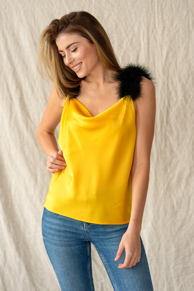 Yellow Pure Silk Camisole With Feather Silk Slip Silk Tank Top Etsy