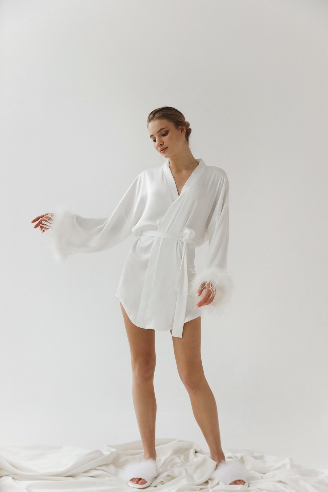 Bride Robe With DETACHABLE Feather Sleeves Bridal Robe Short White ...