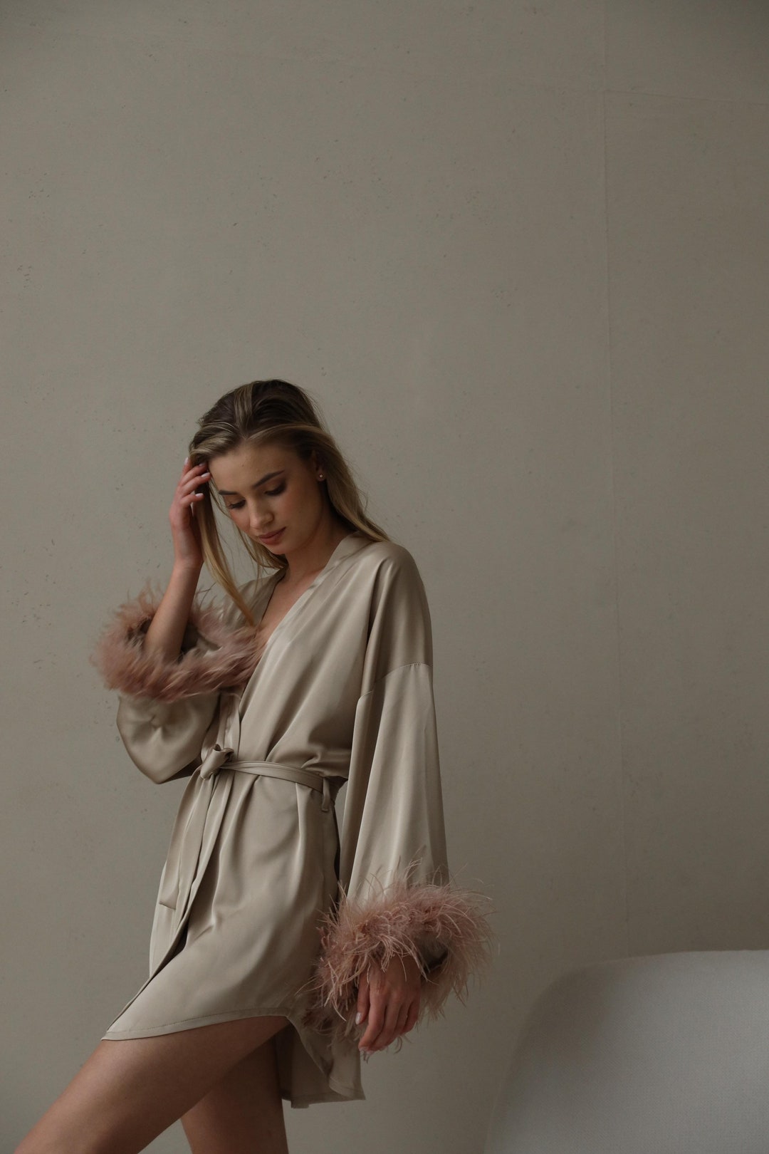 Bride Robe With DETACHABLE Feather Sleeves Bridal Robe Short Beige ...