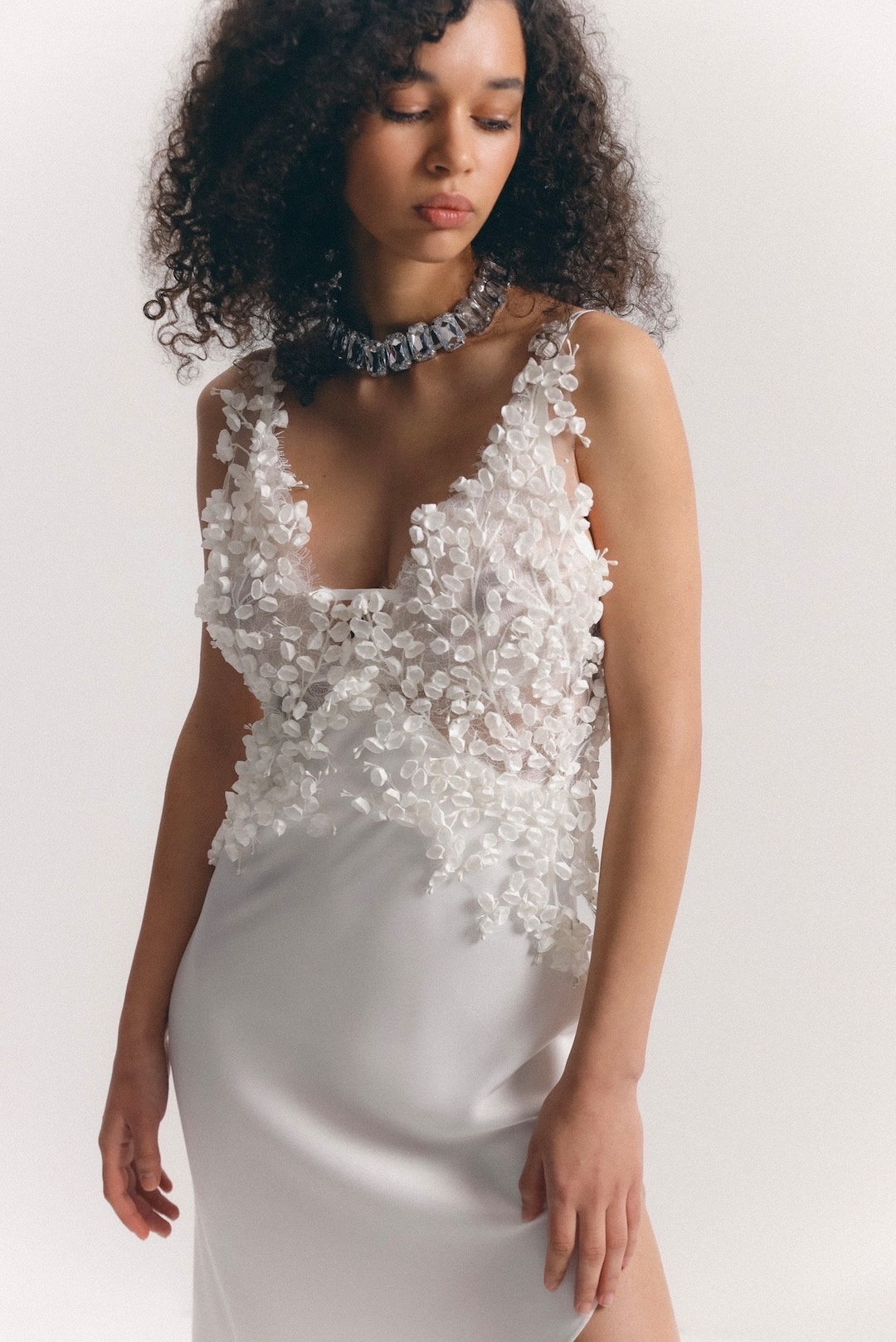 White Simple Wedding Dress With Flower Details Long Rehearsal Silk ...