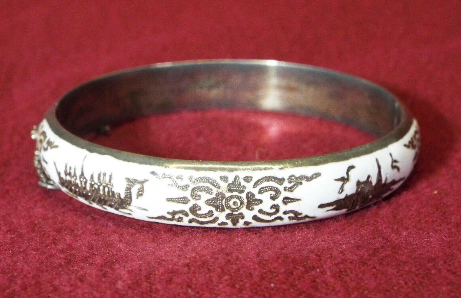 Old Antique Siam STERLING SILVER White Enamel Oriental Pattern Bangle ...