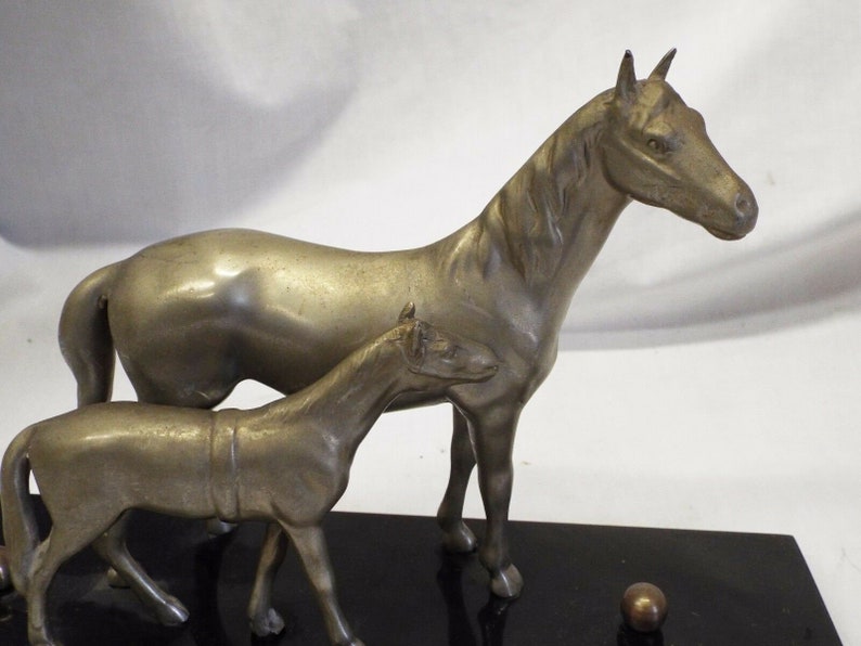 Old Antique Metal HORSE W/ COLT STATUE on Heavy Base Western Equestrian ...