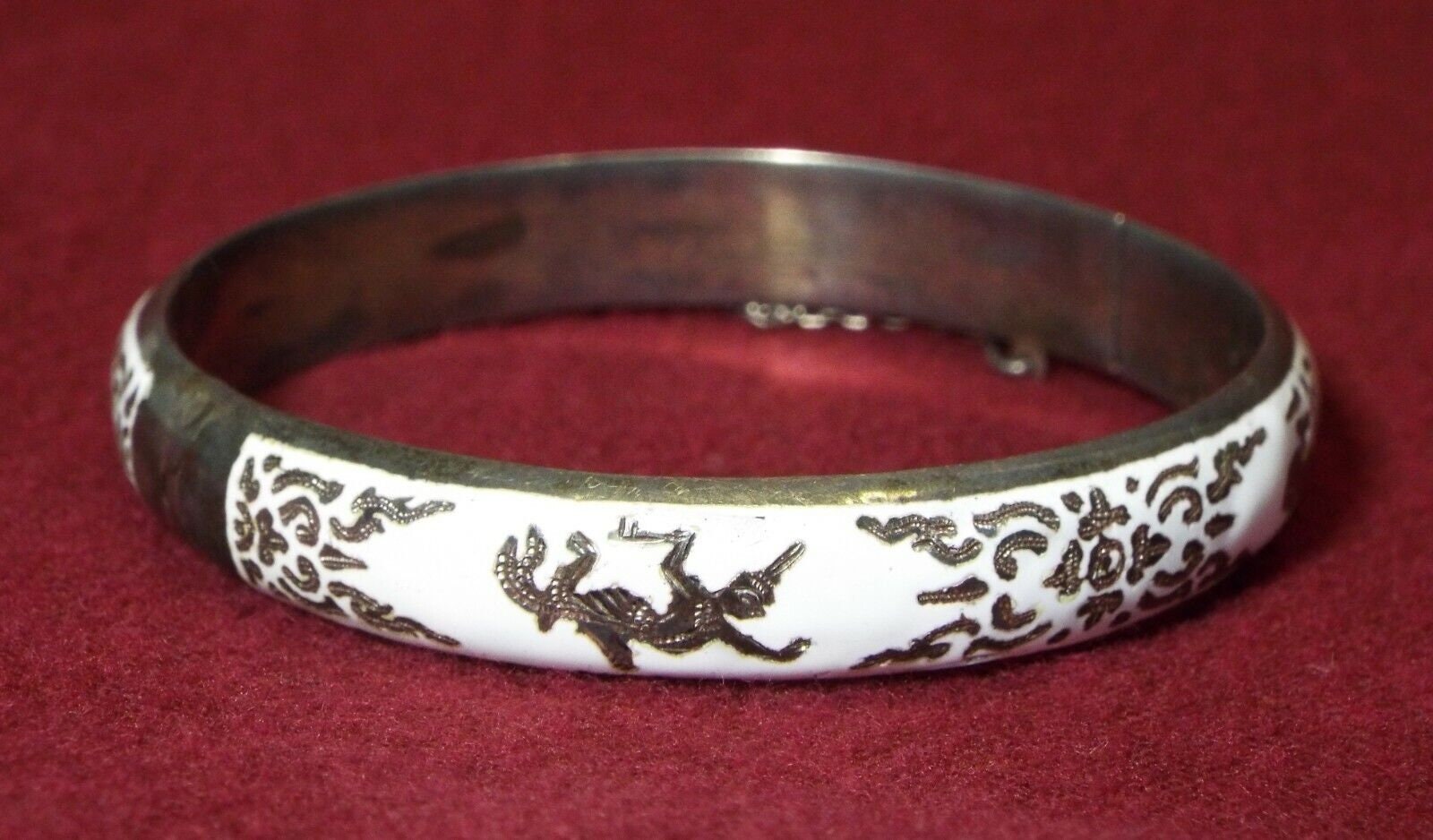 Old Antique Siam STERLING SILVER White Enamel Oriental Pattern Bangle ...