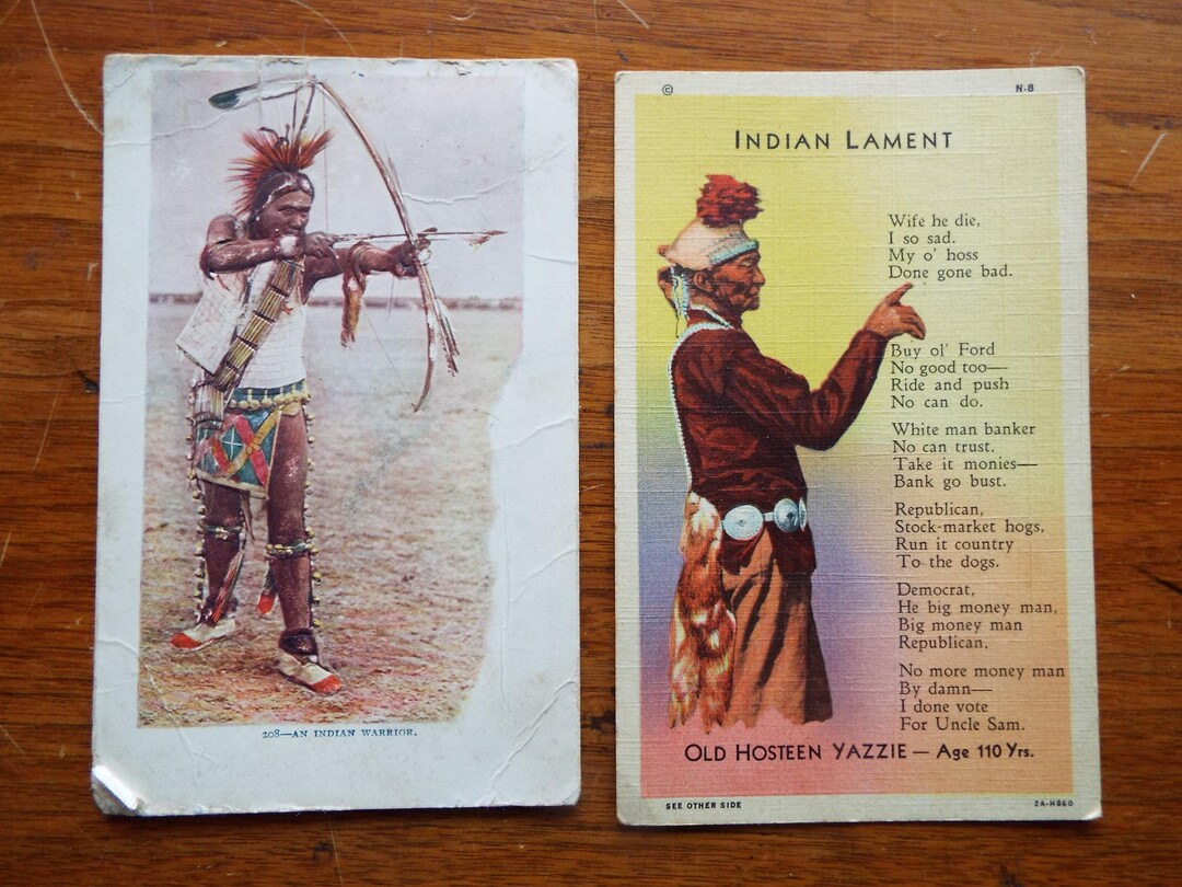 2 Old Antique NATIVE AMERICAN POSTCARDS Indian Warrior Indian Lament - Etsy