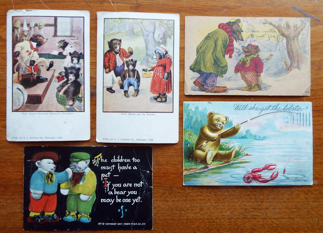 Lot of 5 Old Antique BEAR POSTCARDS Busy Bears School Fishing - Etsy